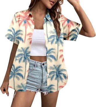 Generic Chemise hawa&iuml;enne boutonn&eacute;e &agrave; manches courtes pour femme - Chemise tropicale hawa&iuml;enne &agrave; manches courtes - Pour vacances, plage, flamant rose, graphis