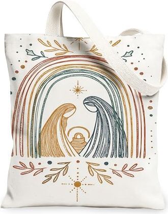 Generic Sacs fourre-tout en toile arc-en-ciel pour vacances, motif nature, sacs de courses r&eacute;utilisables, vintage, l&eacute;gers, lavables, blanc, 13x15 Inch