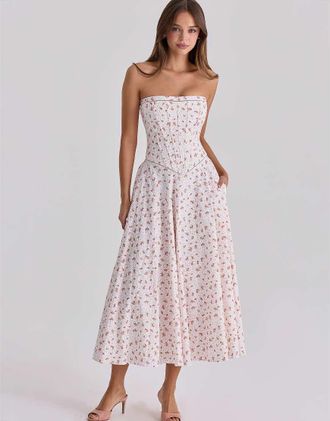 House of CB Gina - Robe bustier longue en coton &agrave; imprim&eacute; roses - Blanc