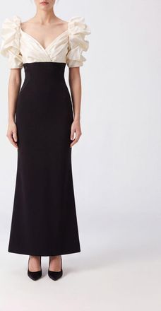 Elisabetta Franchi Robe de soir&eacute;e longue en cr&ecirc;pe bicolore avec d&eacute;collet&eacute; en V et fente