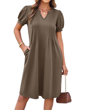 Grace Karin Damen Einfarbige V-Ausschnitt Sommer Kurzarm Kleider f&uuml;r Hochzeitsg&auml;ste A Linie Knielang Mit Taschen Freizeitkleider Elegant Braun S