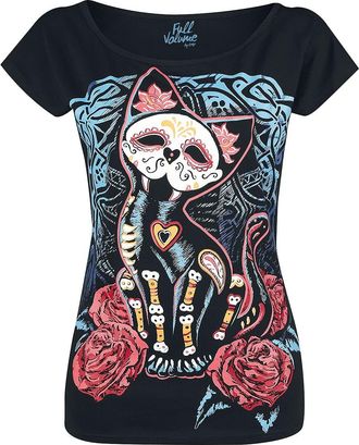 Full Volume by EMP Damen schwarzes T-Shirt mit Katzen-Print 3XL
