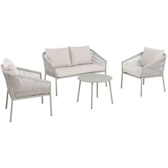 Sweeek Salon de jardin beige MANTOVA en acier et cordes en r&eacute;sine. 4 places. un canap&eacute;. deux fauteuils. une table ronde