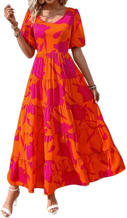 PrettyGarden Damenkleider 2024, Puffärmel, Blumenmuster, lässig, gesmokt, rückenfrei, Strand, fließendes Maxikleid, F-Orange, Rosenrot, Klein