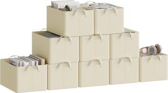 Woltu Faltbare Aufbewahrungsboxen 10 St&uuml;ck, Stoff-Aufbewahrungsw&uuml;rfel mit Griffen, Organizer Boxen f&uuml;r Regale, Stapelboxen zur Aufbewahrung, Creme, 37,5x26x