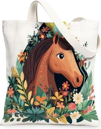 Generic Sac fourre-tout en toile motif cheval printanier pour faire du shopping, 33 x 38,1 cm, sac d&eacute;picerie r&eacute;utilisable pour femme, joli motif botanique, es