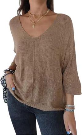 Minetom Shirt Manches 3/4 Femme Pull Col V Pullover Hauts Casual Lâche Chandail Tricot Tunique Chemise Tops B Kaki S