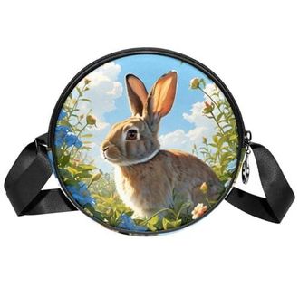 Generic Petit sac &agrave; bandouli&egrave;re circulaire pour femme, motif floral, lapin, sac &agrave; dos &agrave; bandouli&egrave;re avec fermeture &eacute;clair, bretelles r&eacute;glables, sac &agrave; main ron