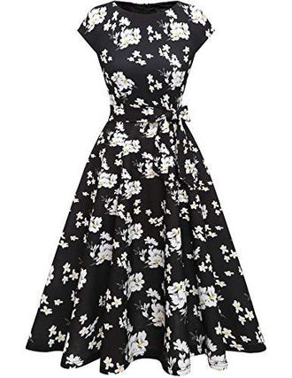 Dresstells Dresstells Robe de cocktail mi-longue pour femme Style r&eacute;tro rockabilly ann&eacute;es 1950 Robe &eacute;l&eacute;gante pour un mariage - Noir - 44
