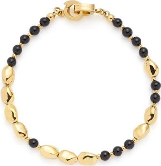 Leonardo Bracelet Clip & Mix Dorina Bracelet en acier inoxydable doré, perles dorées en forme de pépites et perles de verre noires, 19 cm de long, bijoux pour 