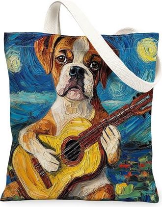 Generic Boxer Sac fourre-tout en toile pour faire du shopping 33 x 38,1 cm, motif guitare &eacute;toil&eacute;e, sac d&eacute;picerie r&eacute;utilisable, sac &agrave; bandouli&egrave;re pour femme, a