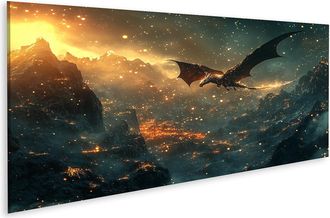 Islandburner Bild auf Leinwand Drache Fliegt Durch Feurige Berge Und Funkenhimmel Bilder Wandbilder Poster