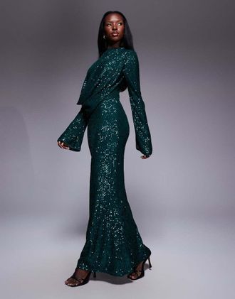 Asos Robe longue portefeuille à lavant avec sequins et manches longues - Vert émeraude-Gris