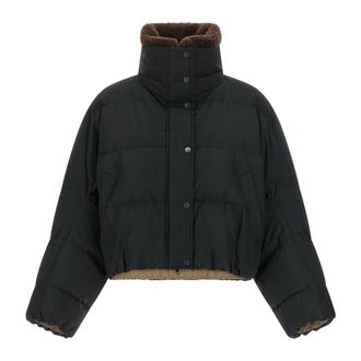 Brunello Cucinelli Gesteppte Daunen-Cropped-Jacke mit abnehmbarem Lammfellkragen - - Jackets - Damen - Schwarzk - L
