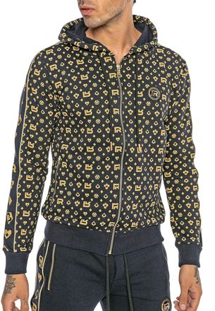 Red Bridge Designer Hoodie - Bedruckter Zip-Hoodie mit Kapuze und Allover-Muster - Streetwear Sweatjacke mit Reißverschluss im Luxus-Stil Blau XXL