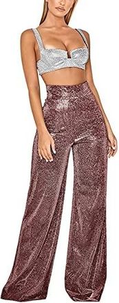 Generic Pantalon à paillettes pour femme - Pantalon Palazzo de couleur unie - Taille haute - Jambe large - Pantalon long décontracté à paillettes avec fermetu