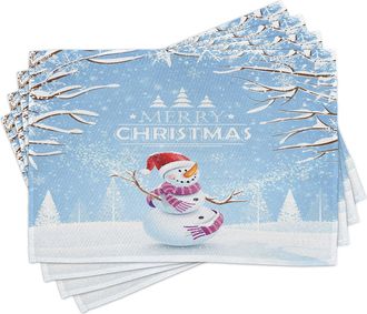 Abakuhaus Weihnachten Platzmatten, Snowy-Winter-Noel, Waschbare Stoff Esszimmer Küche Tischdekorations Digitaldruck, Hellblau Weiß