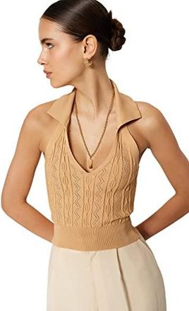 Trendyol Polo pour Femme Droite Chemisier Basique en Tricot à col en V Coupe ajustée, Beige
