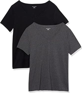Amazon Essentials T-shirt À Manches Courtes et Col En V, Grande Taille Femme, Lot de 2, Noir/Charbon Chiné, XXL Grande taille