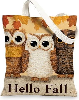 Generic Sacs fourre-tout en toile motif hibou, sacs de courses réutilisables, sacs à provisions dautomne rustiques, légers et lavables à bandoulière pour sall