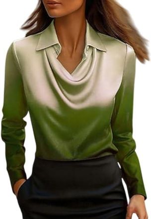 Generic Chemisier élégant en satin pour femme avec col bénitier et revers à manches longues pour femme, Vert, XXL