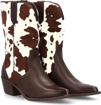 Shoes & Blues Bottines avec imprimé animal, motif vache, pointe fine, talon confortable et fermeture éclair. Idéales pour la saison automne., marron, 37 EU