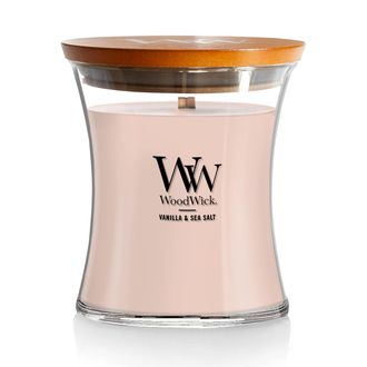 Woodwick Hourglass mittelgroße Duftkerze mit PlusWick Innovation, Vanilla & Sea Salt