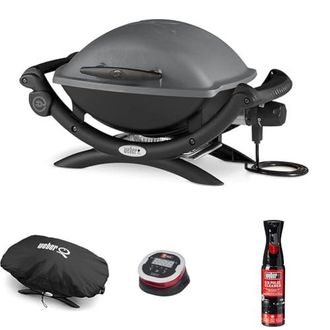 Weber Q1400 Elektrogrill, 43 x 32cm Grillf&auml;che, portabler BBQ Grill, 2-geteilter porzellanemaillierter Guss-Grillrost, Aluminiumguss Deckel & Geh&auml;use - Dark