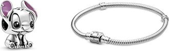 Pandora DISNEY Charm Lilo und Stitch 798844C01 & Schlangen-Gliederarmband mit Zylinder-Verschluss in Sterling-Silber Moments Collection, Größe 18