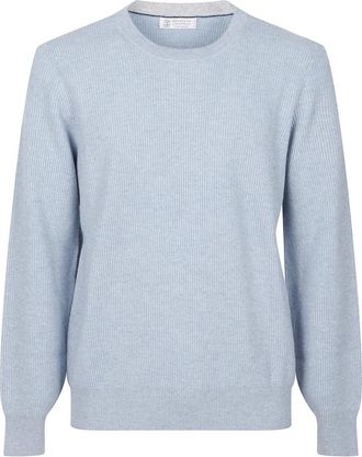 Brunello Cucinelli Homme, Pulls, Bleu, Taille: L Pull Ras du Cou en Cachemire Point Anglais