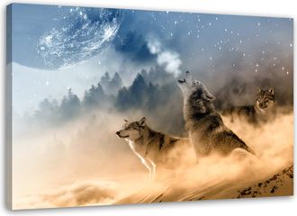 Feeby Wandbilder XXL Wolf Wald im Nebel 120x80 cm 1 Teilig Modern Wohnzimmer Schlafzimmer Bild auf Leinwand Leinwandbilder Bilder Kunstdruck Design Wanddeko