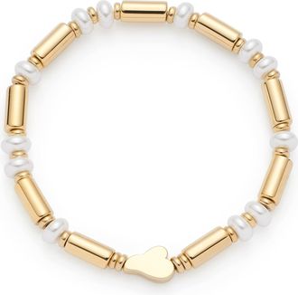 Leonardo Armband Nina - elastische Armkette aus goldfarbenem Edelstahl - weiße Imitationsperlen und goldfarbene Stäbchen im Wechsel - 19 cm Länge - Schmuck Ges