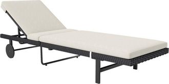 OUTSUNNY Bain de soleil transat inclinable 2 roues - &eacute;pais matelas int&eacute;gr&eacute; blanc cass&eacute; - acier r&eacute;sine tress&eacute;e noir