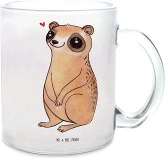 Mr. & Mrs. Panda Teetasse Plumplori Glücklich - Geschenk, Teetasse aus Glas, Tiere, Tiermotive, Tasse mit Henkel, Gute Laune, lustige Sprüche