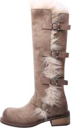 Generic Bottes Hautes Femme dHive Talon Bas Bout Rond Doublure En Peluche Chaude Boucle Bottes Semelle Antid&eacute;rapante Vintage Tendance Chaussures D&eacute;contract&eacute;es