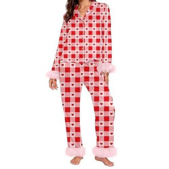 Generic Ensemble de pyjama en satin pour femme - V&ecirc;tement de nuit imprim&eacute; coeur - Haut et pantalon boutonn&eacute;s - Tenue 2 pi&egrave;ces - Pyjama en soie doux et confort