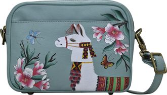 Anuschka Damen Womens Hand-Painted Leather Twin Zippered Crossbody Umh&auml;ngetasche mit Zwei Rei&szlig;verschl&uuml;ssen, Llama Llama