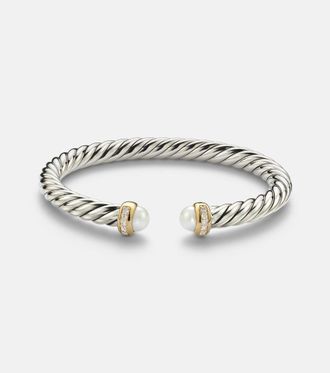 David Yurman Armreif Cable Flex aus Sterlingsilber und 14kt Gelbgold mit Diamanten und S&uuml;&szlig;wasserperlen