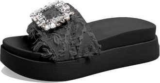 Generic Sandales Plateforme pour Femme - 5cm de Hauteur, Boucle Strass & Franges, Noir/Blanc,Noir,35 EU
