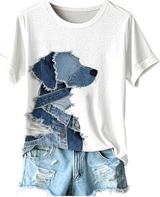 Keephen T-Shirt d&eacute;t&eacute; &agrave; col Rond pour Femmes Imprim&eacute; en 3D dun Chat et dun Chien V&ecirc;tements &eacute;l&eacute;gants &agrave; Manches Courtes Streetwear surdimensionn&eacute;s