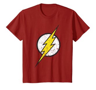DC Comics Moderner, abgenutzter Look Flash-Logo T-Shirt - Rot, Kurzarm, Unisex-Kinder, Klein (EU 41 cm), Klassische Passform, Cartoon-Muster, Superhelden-Theme,