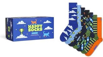 Happy Socks Chaussettes 7-Days Crew en coffret cadeau - Rayures, nuages, vélos et pois - Lot de 7, tailles 41-46