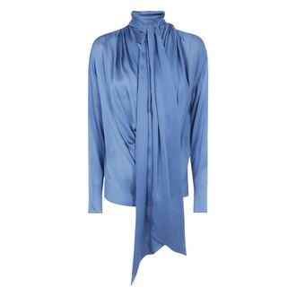 Balmain Seidenbluse mit tiefem Ausschnitt und Drapierung - - Blouses & Shirts - Damen - Blau - XS