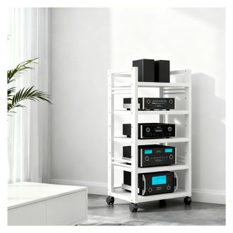 Generic HiFi Rack Plattenregal Druckerregal 5-stufige AV-Medienständer HiFi-Regal Mit Rollen Multimedia-Rack Offenes Lagerregal Für Home Office Kino(White1)