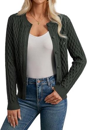 Grace Karin Cardigan court pour femme - Col rond - Avec motif torsad&eacute; - Manches longues - &Eacute;l&eacute;gant cardigan, Vert arm&eacute;e., M