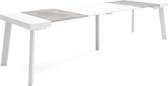 Skraut Home | Ausziehbarertisch | Multifunktionaler ausziehbarer | 300 | F&uuml;r 14 G&auml;ste | H&ouml;lzerne Beine | Moderner Stil | Mattwei&szlig; und Zement