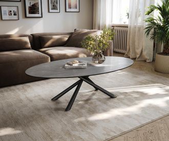 DELIFE Couchtisch Edge Oval 140x80 cm Keramik Beton Grau Sarity Metall Schwarz, Couchtische