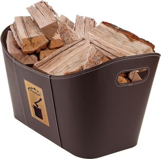 Dema Holzkorb Tasche Korb Kaminholzkorb Brennholzkorb Feuerholzkorb Brennholzholztasche Kunstleder braun coffee 53x35x31 cm