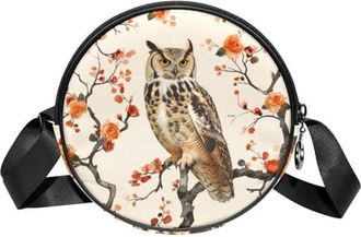 Generic Petit sac &agrave; bandouli&egrave;re rond pour femme, motif feuilles de hibou, sac &agrave; dos avec fermeture &eacute;clair, bretelles r&eacute;glables, sac &agrave; main rond d&eacute;contract&eacute; po