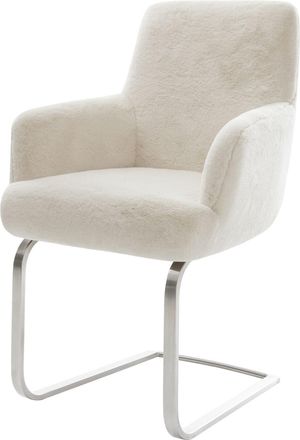 DELIFE Schwingstuhl Heira-Flex mit Armlehnen Freischwinger flach Edelstahl Pl&uuml;sch Creme-Wei&szlig; Taschenfederkern